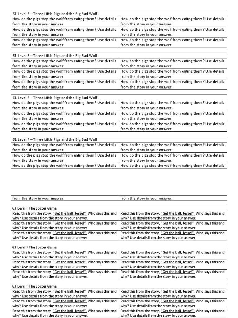 1st Grade LLI Question Stems | PDF