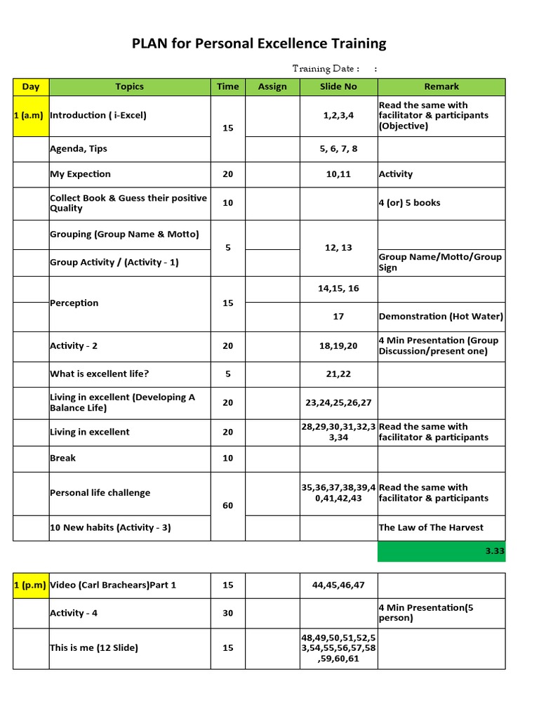 PLAN For Personal Excellence Training | PDF