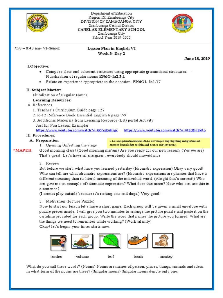 COT 1-Lesson Plan in English VI-final | Download Free PDF | Plural | Grammatical Number