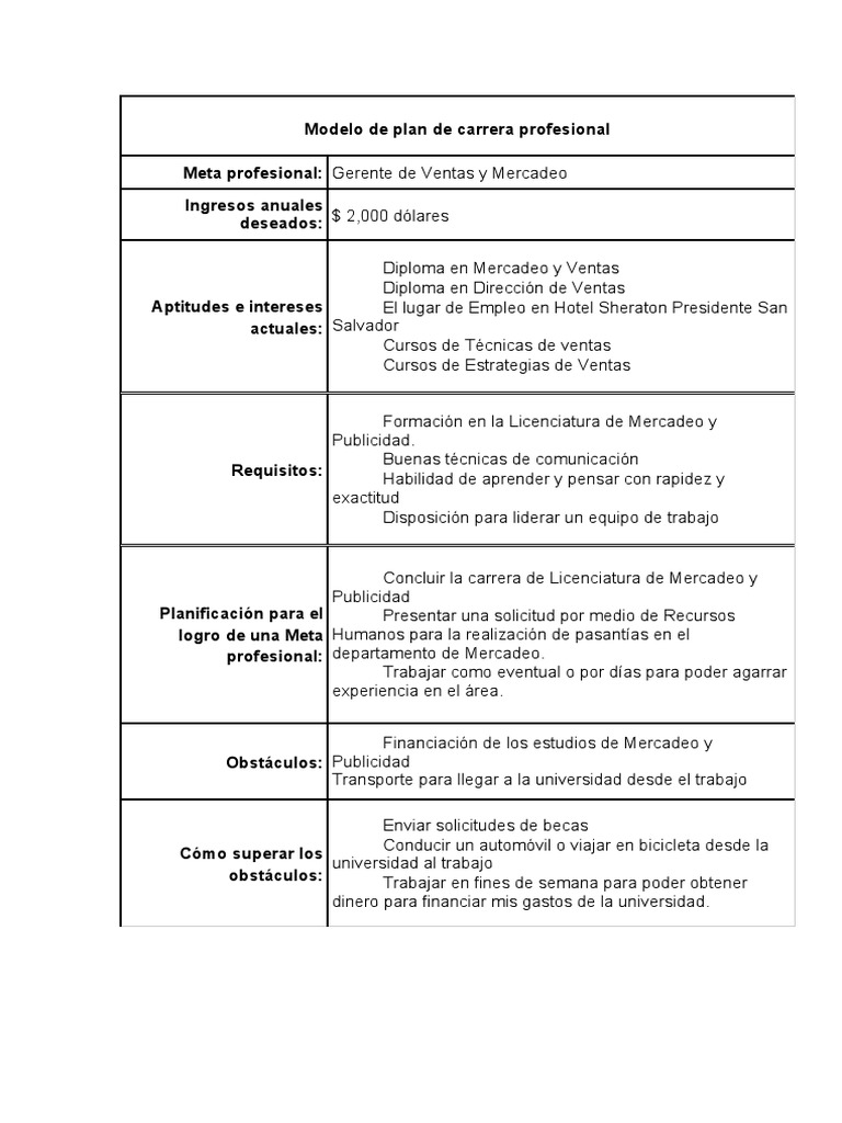 Hoja De Trabajo De Planificación De Carrera Plantilla Personal De