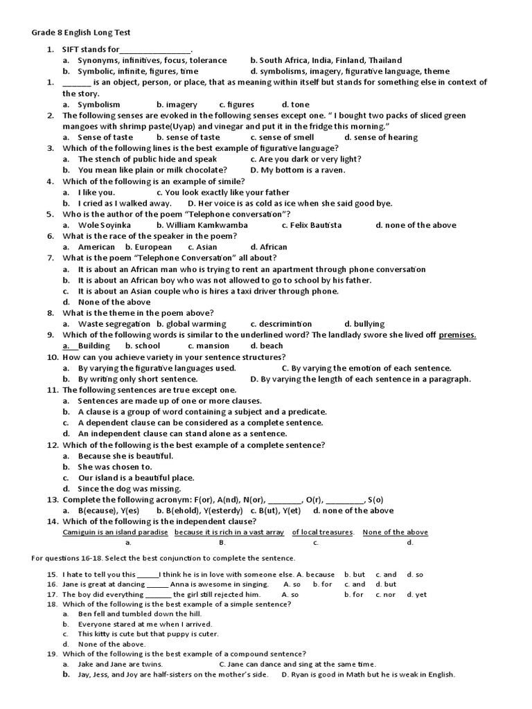 Grade 8 English 4th Quarter Exam Review | PDF | Clause | Sentence ...