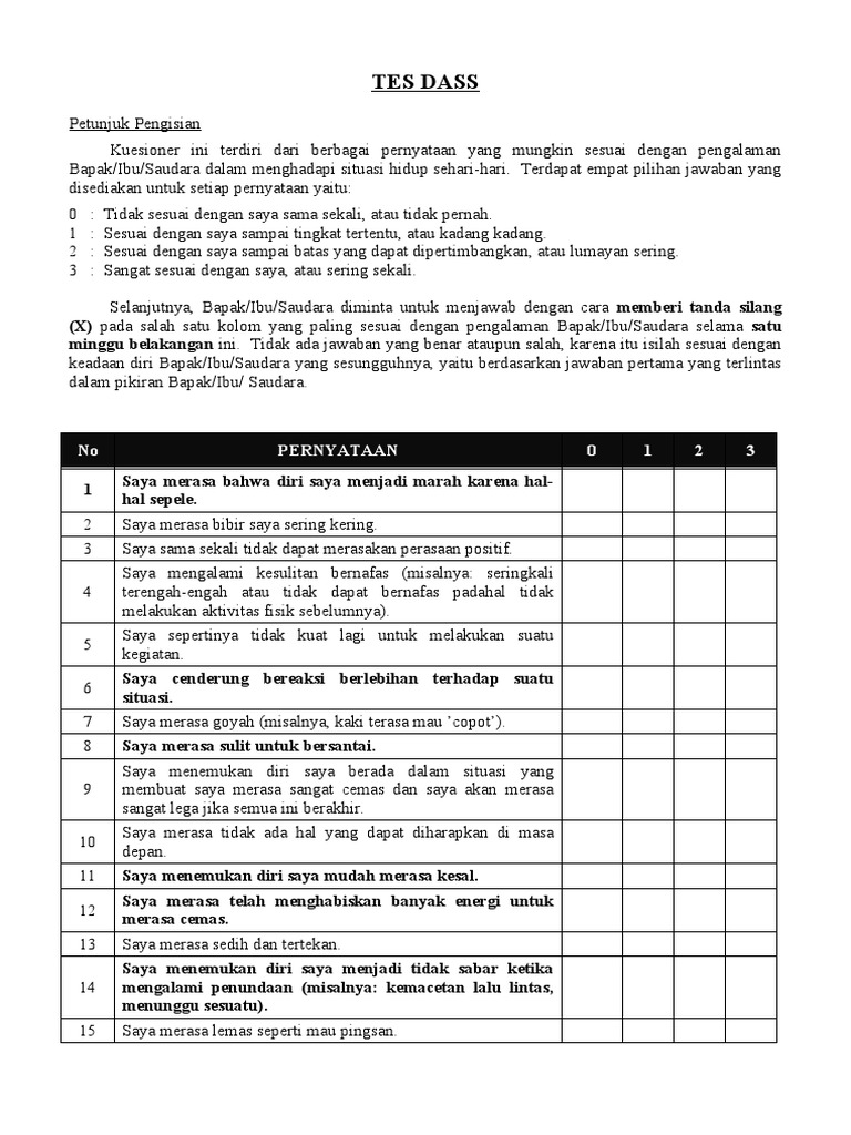 Kuesioner DASS42 Bahasa Indonesia Damanik | PDF