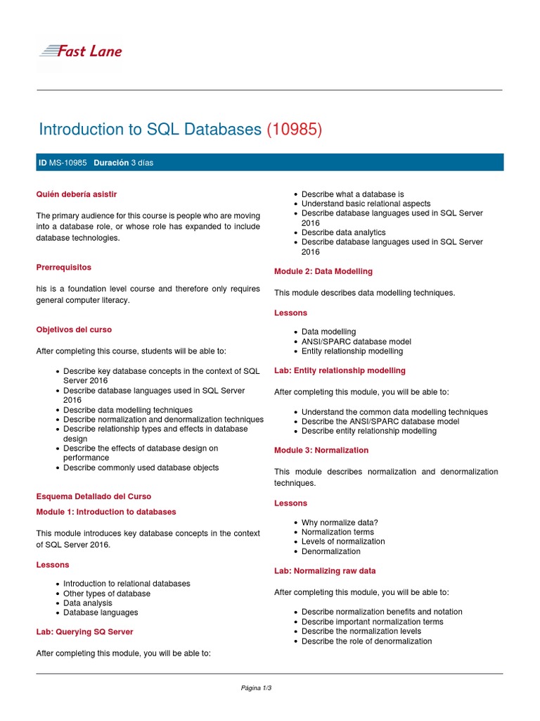 Fast Lane - MS-10985 PDF | PDF | Microsoft Sql Server | Databases