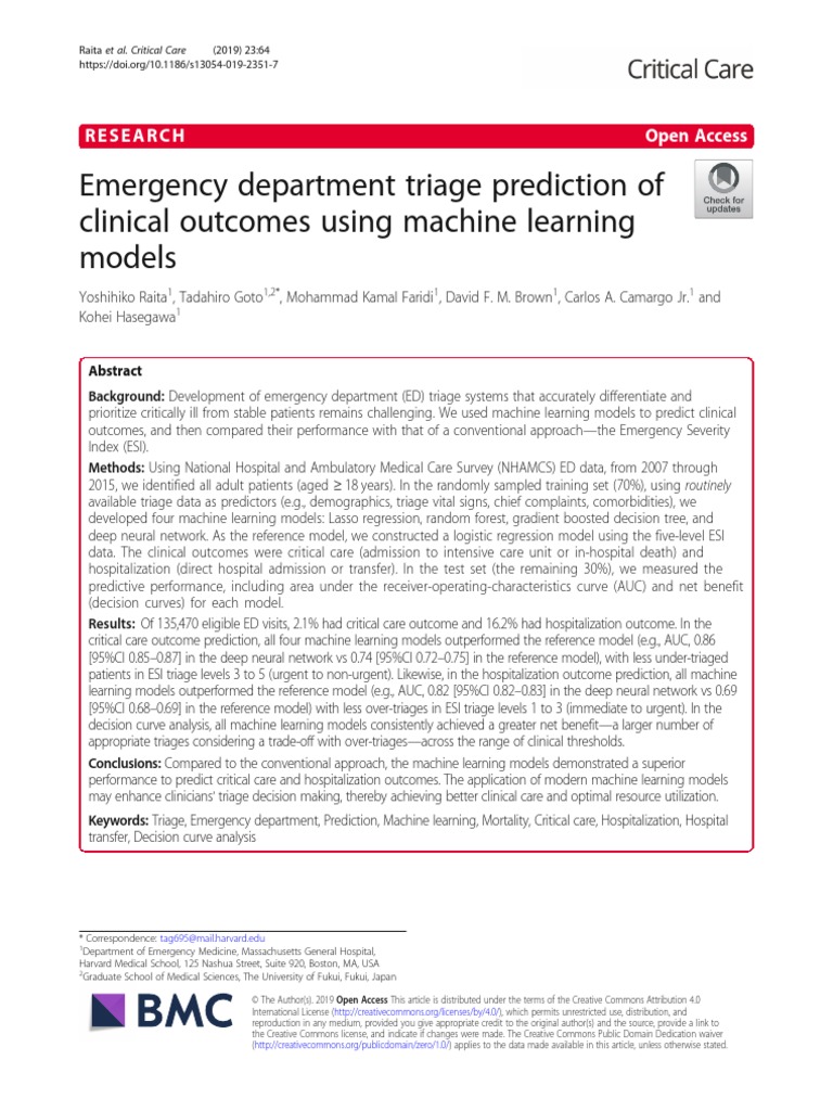Emergency Department Triage Prediction Ofclinical Outcomes Using Machine Learning Models Pdf