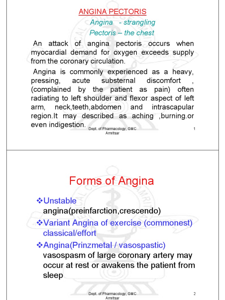 Forms of Angina: Unstable Variant Angina of Exercise (Commonest ...