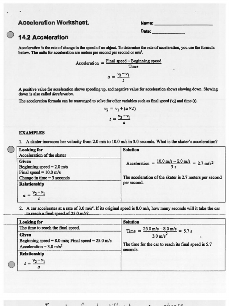 Worksheet Acceleration | PDF | Acceleration | Speed