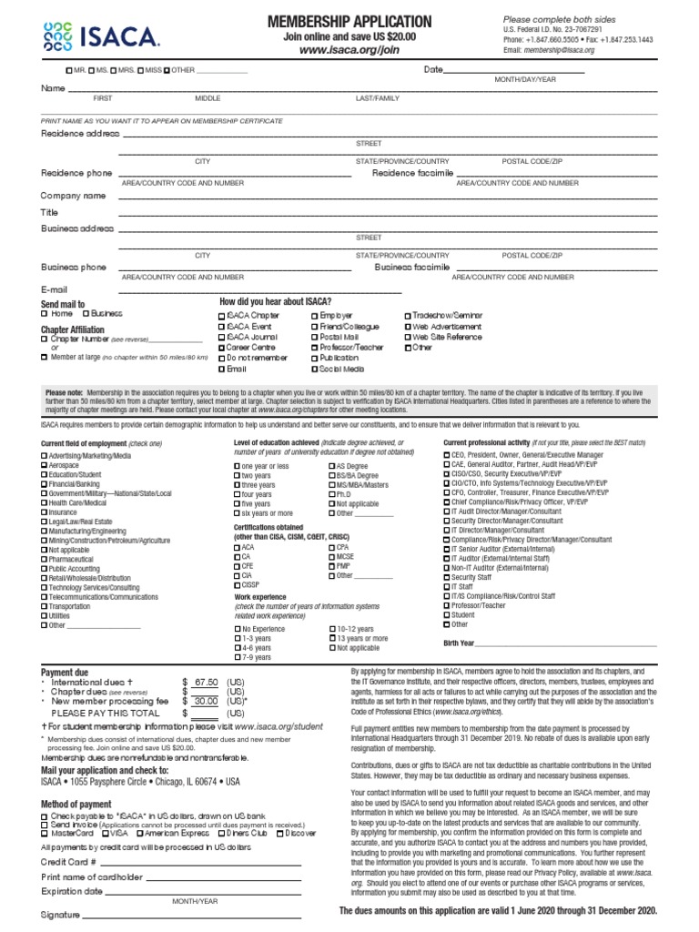 ISACA Membership Application | PDF | Credit Card | Mail