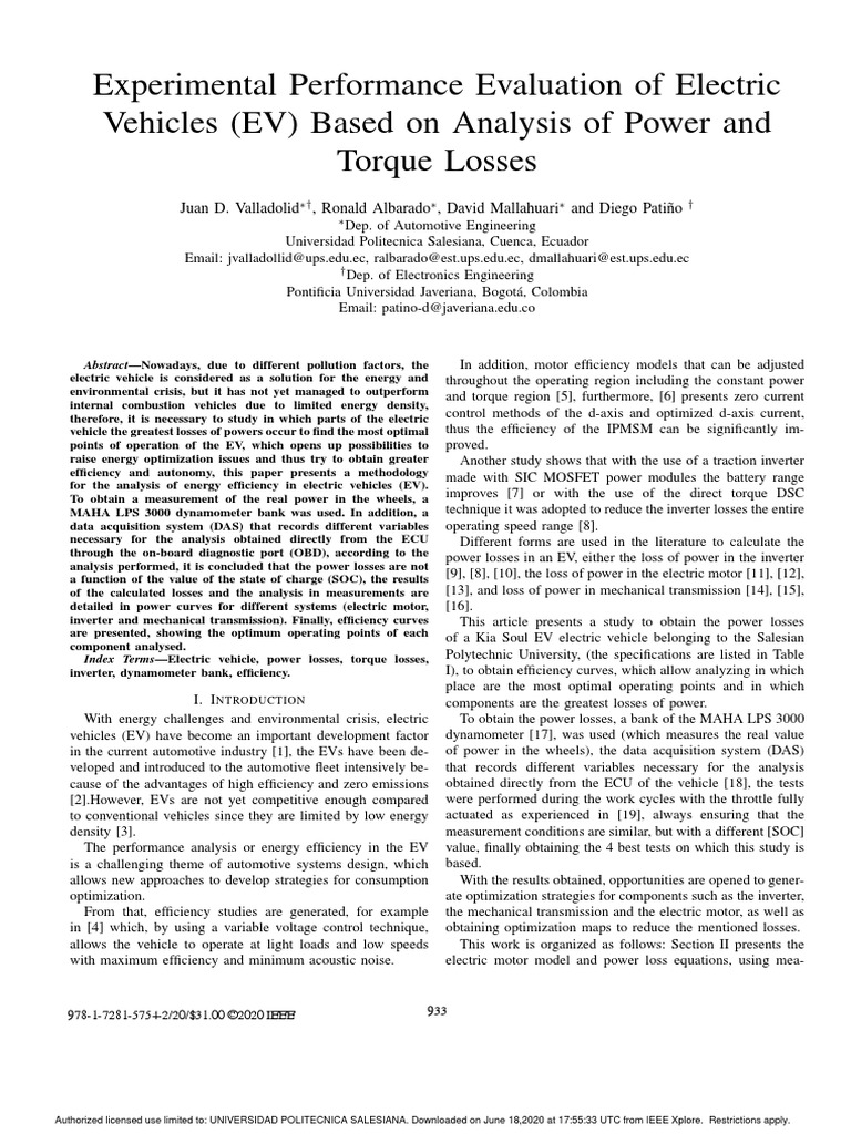 Experimental Performance Evaluation of Electric Vehicles EV Based On ...