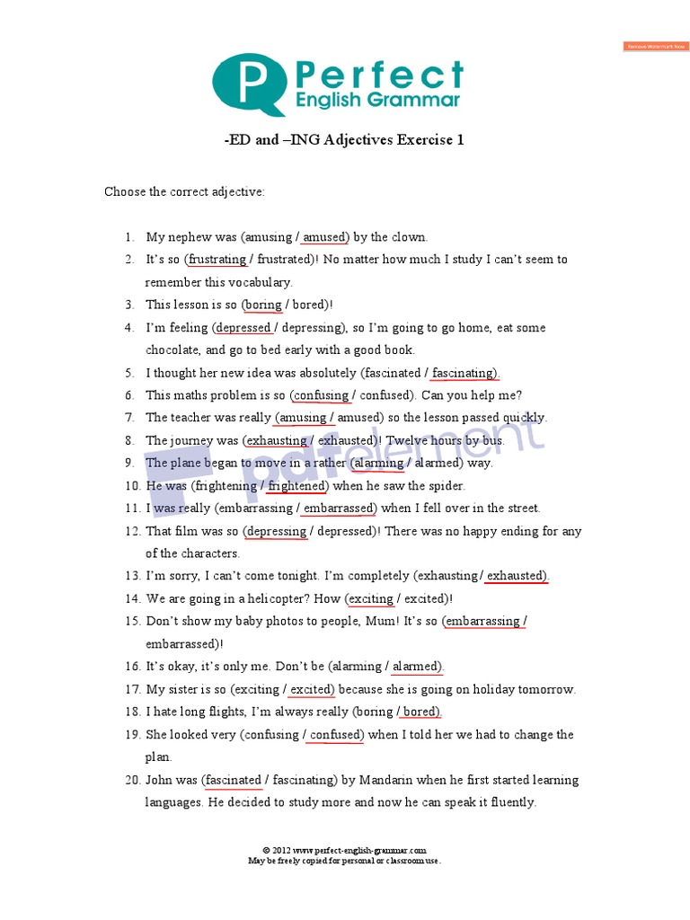 Participle Adjectives Exercise 1 | PDF