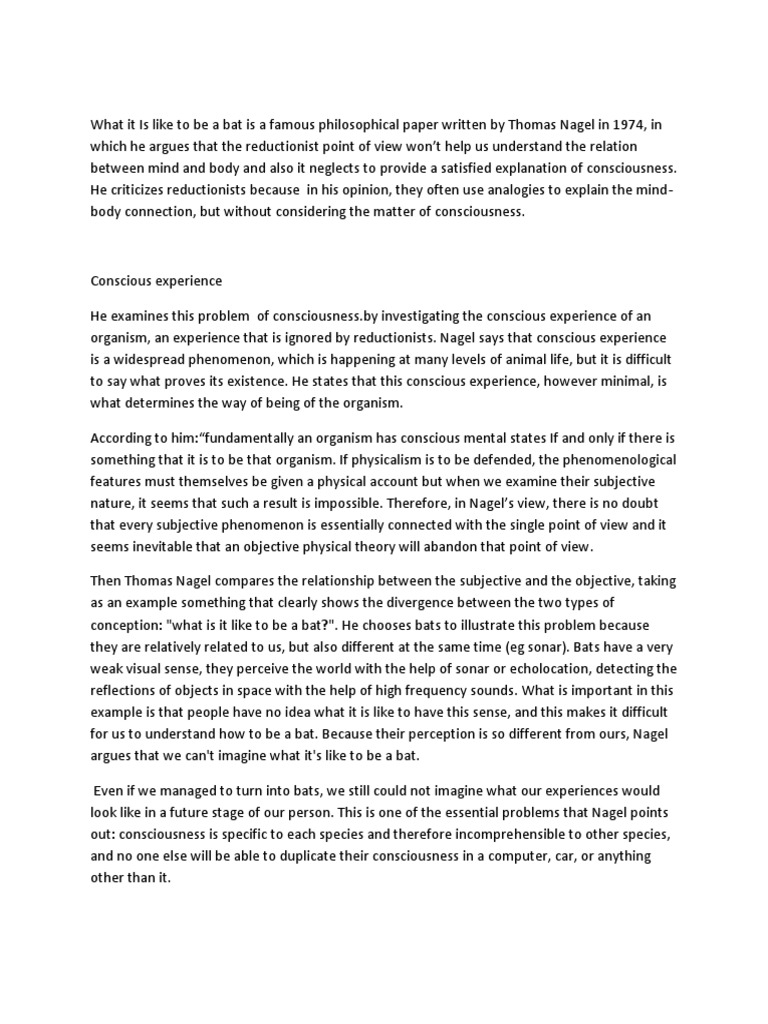 What It Is Like To Be A Bat | PDF | Consciousness | Contemporary Philosophy