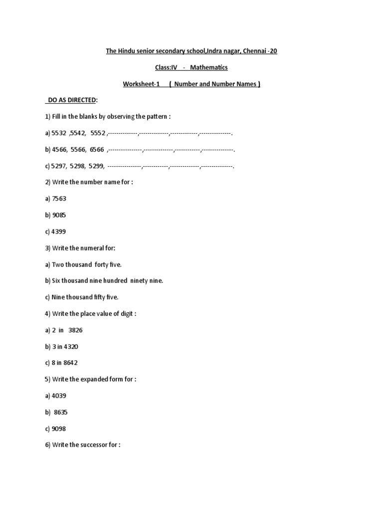 Class-Iv (Maths) - Worksheet-1 | PDF