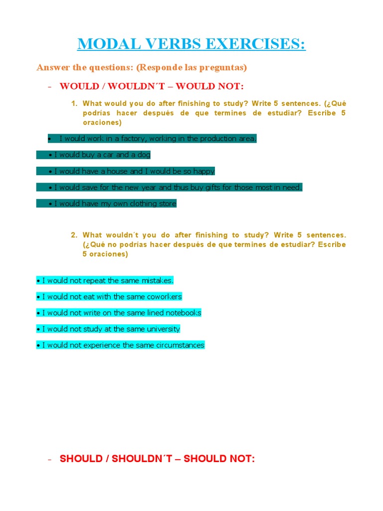 Modal Verbs Exercises:: - Would / Wouldn T - Would Not | PDF