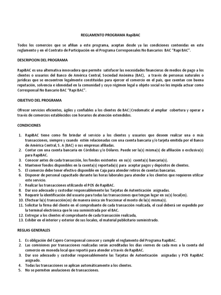 Reglamento Programa Rapibac PDF | PDF | Tarjeta de débito | Bancos