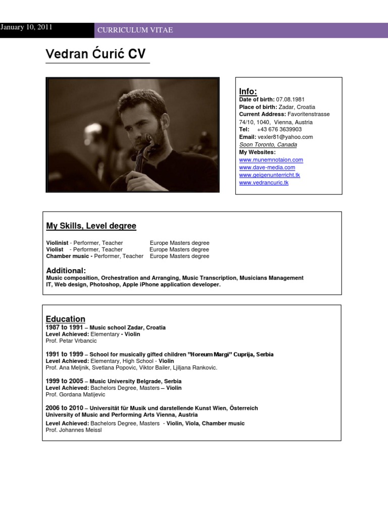 CV Violinist Template | PDF | Orchestras | Viola