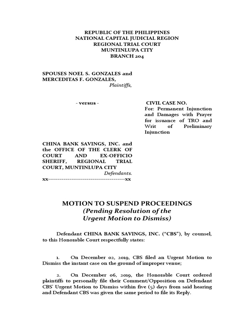 MOTION TO SUSPEND PROCEEDING Sample | PDF | Injunction | Lawsuit