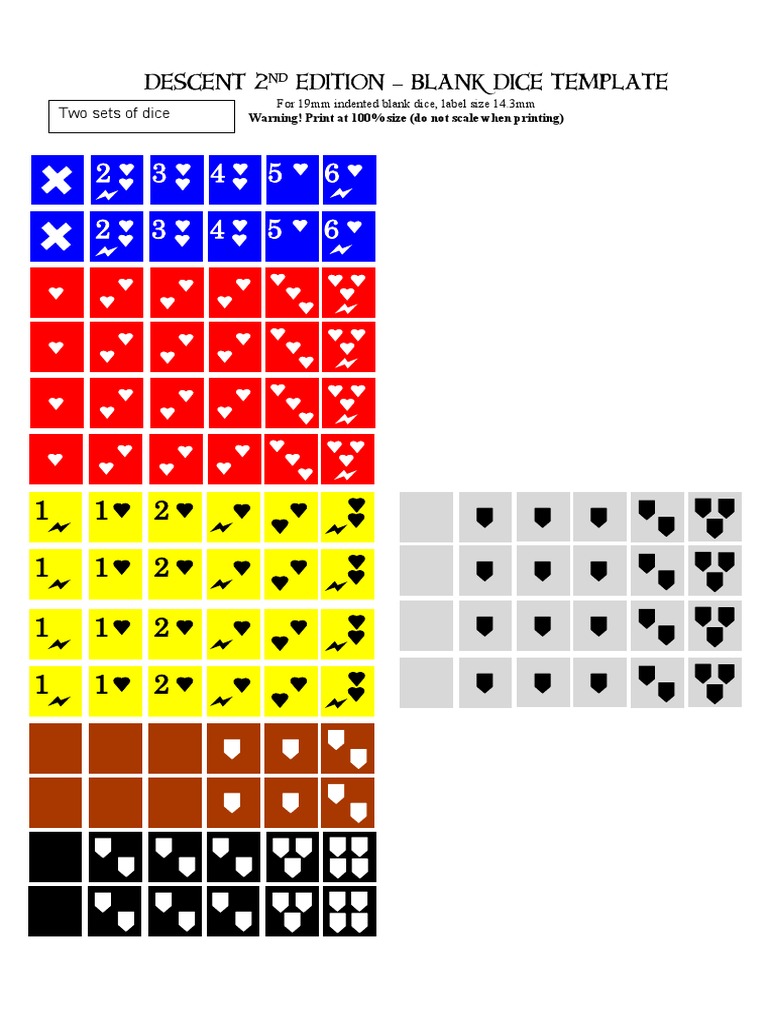 Descent 2nd Edition - Blank Dice Template: Two Sets of Standard 6-Sided ...