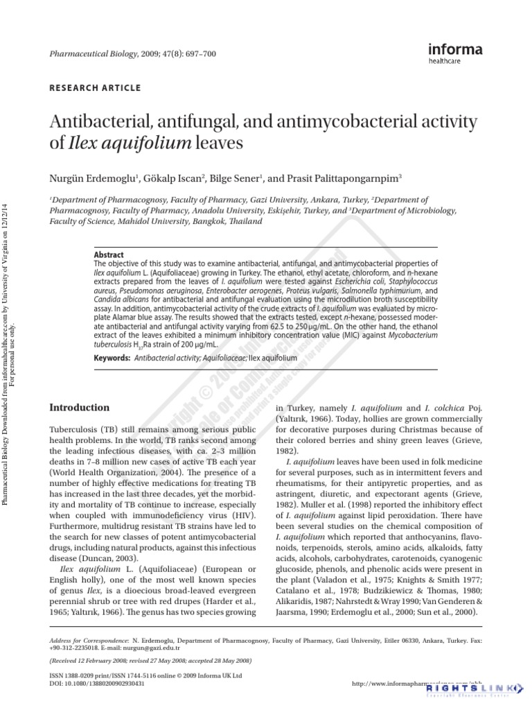 Antibacterial, Antifungal, and Antimycobacterial Activity of Ilex | PDF | Microbiology | Biology