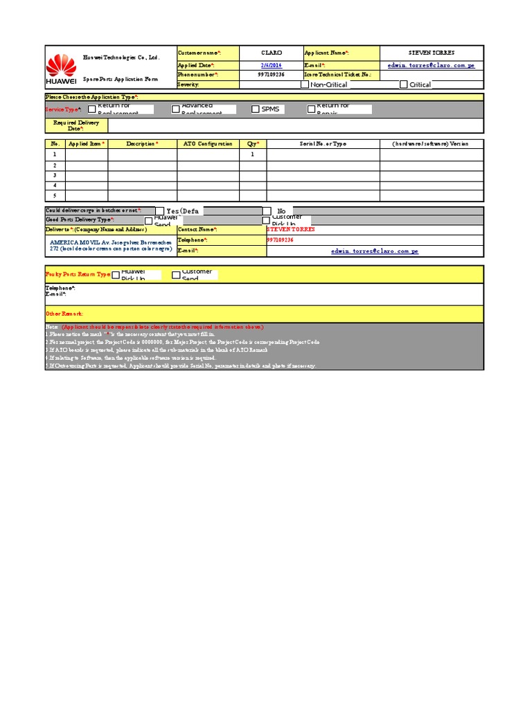 Spare Parts Application Form | PDF | Communication | Telecommunications