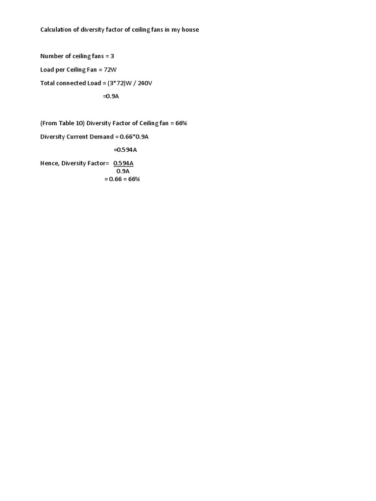 Calculation of Diversity Factor of Ceiling Fans in My House | PDF