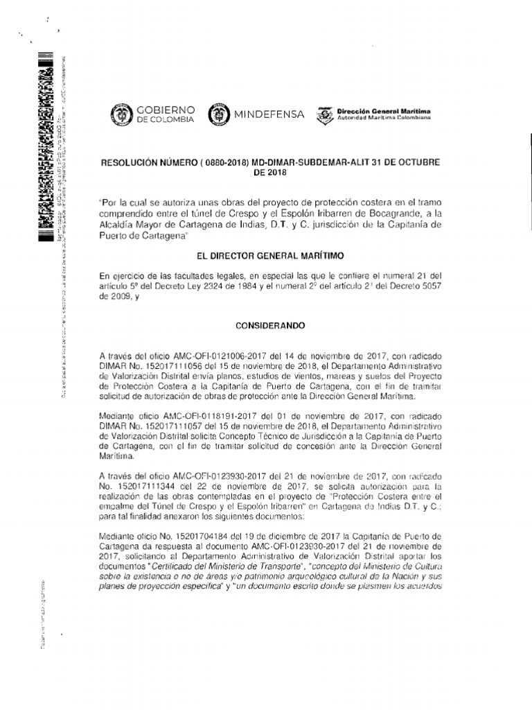 Resolución 0880 Autorización de Obras DIMAR | PDF