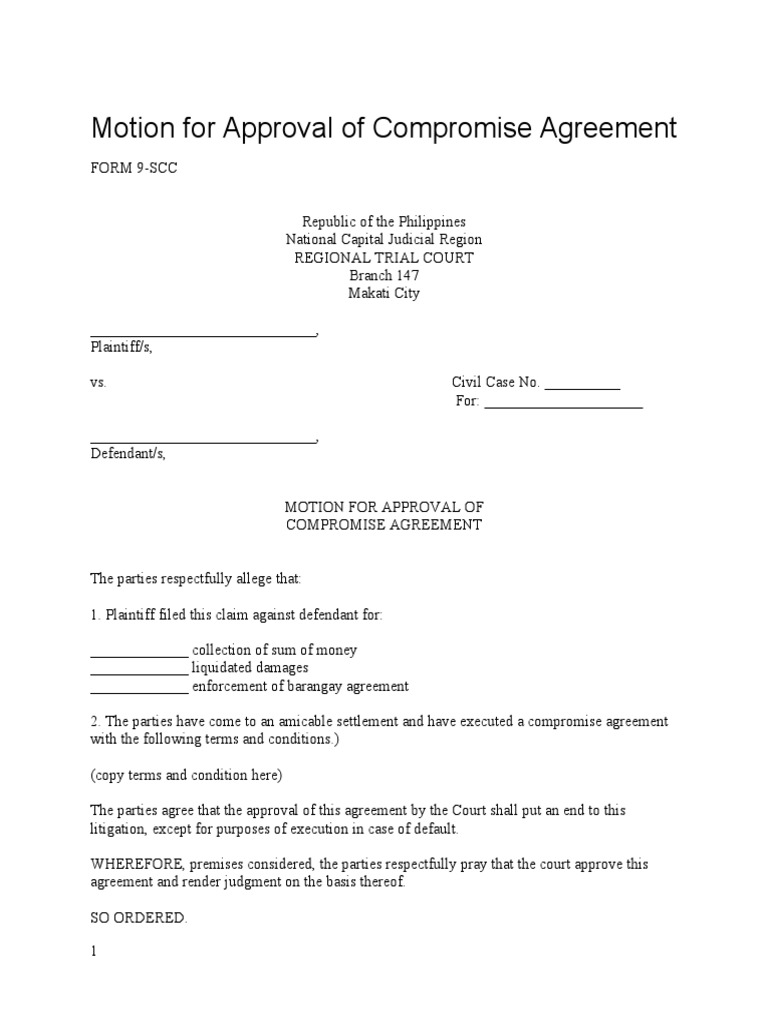Motion For Approval of Compromise Agreement Form | PDF