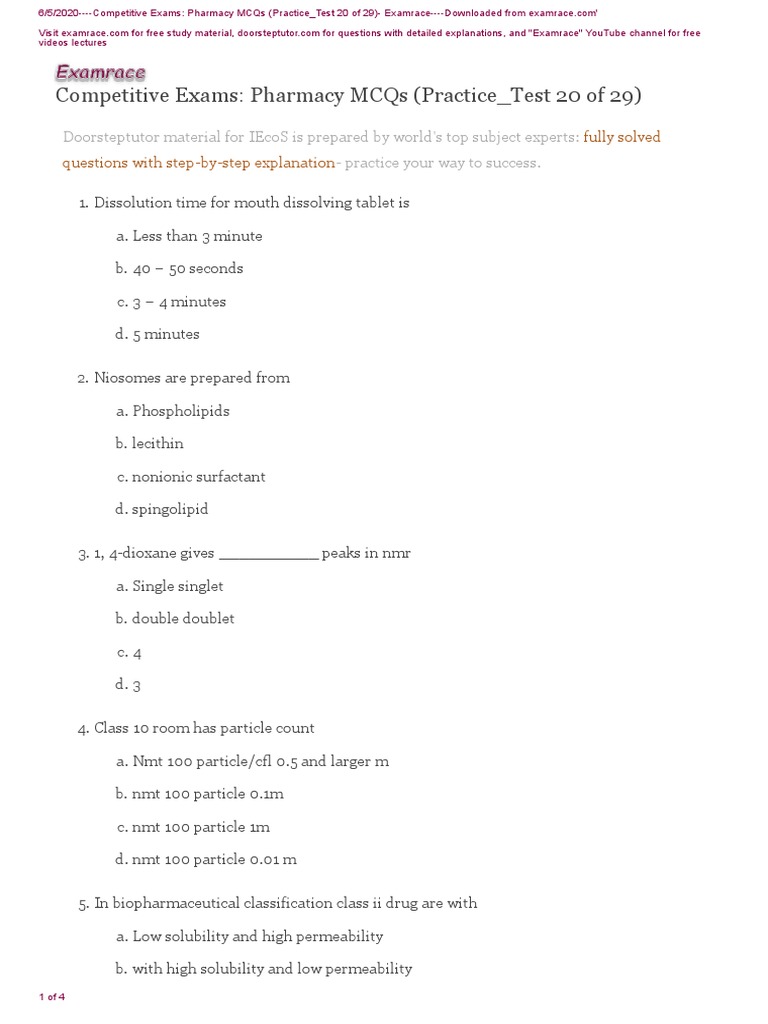Pharmacy MCQs Practice Test 20 | PDF | Molecular Biology | Chemical ...