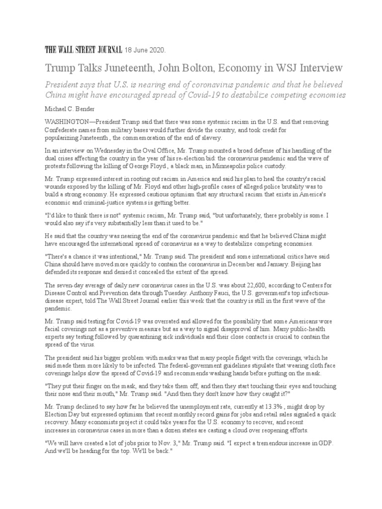 Trump Talks Juneteenth, John Bolton, Economy in WSJ Interview - 18 June ...