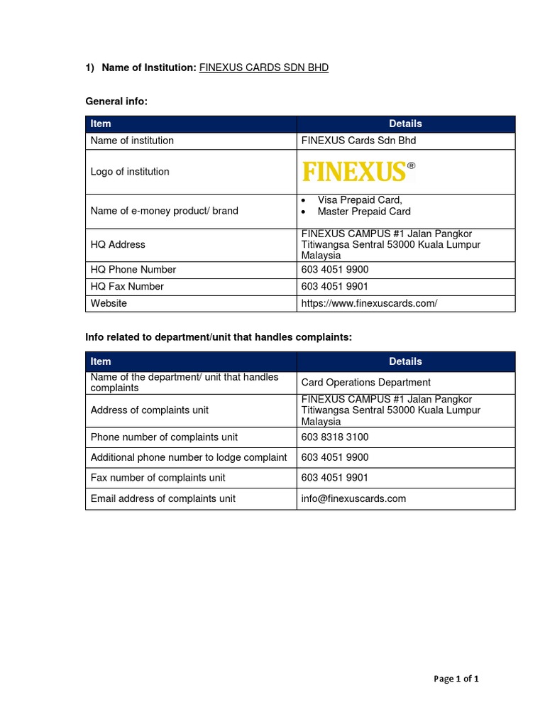 Item Details: 1) Name of Institution: FINEXUS CARDS SDN BHD | PDF
