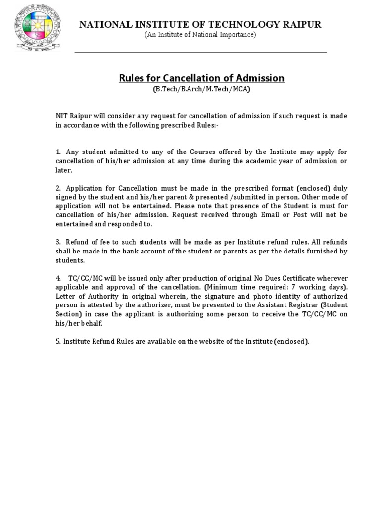 Rules For Cancellation of Admission and Refund | PDF | Government ...