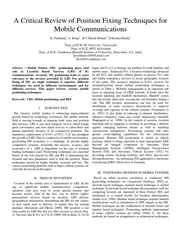 A Critical Review of Position Fixing Techniques For Mobile ...
