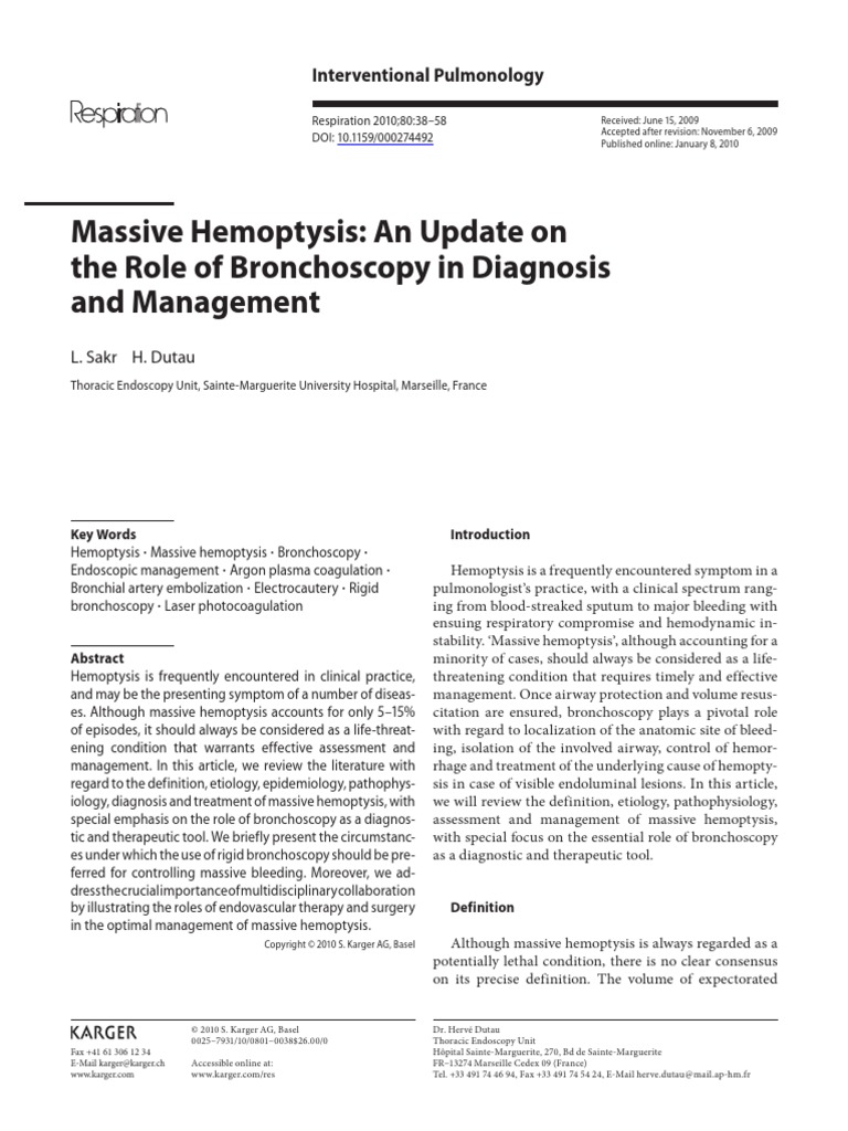 Massive Hemoptysis An Update On The Role of Bronchoscopy in Diagnosis ...