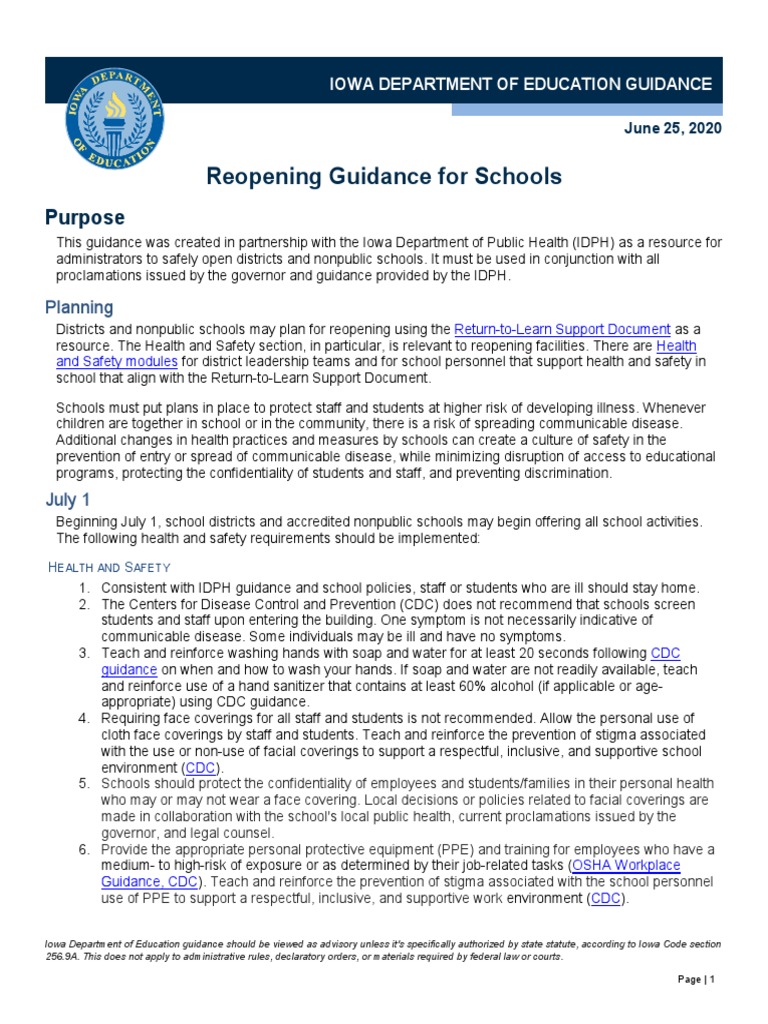 Iowa School Reopening Guidance 2020 | PDF | Safety | Occupational ...