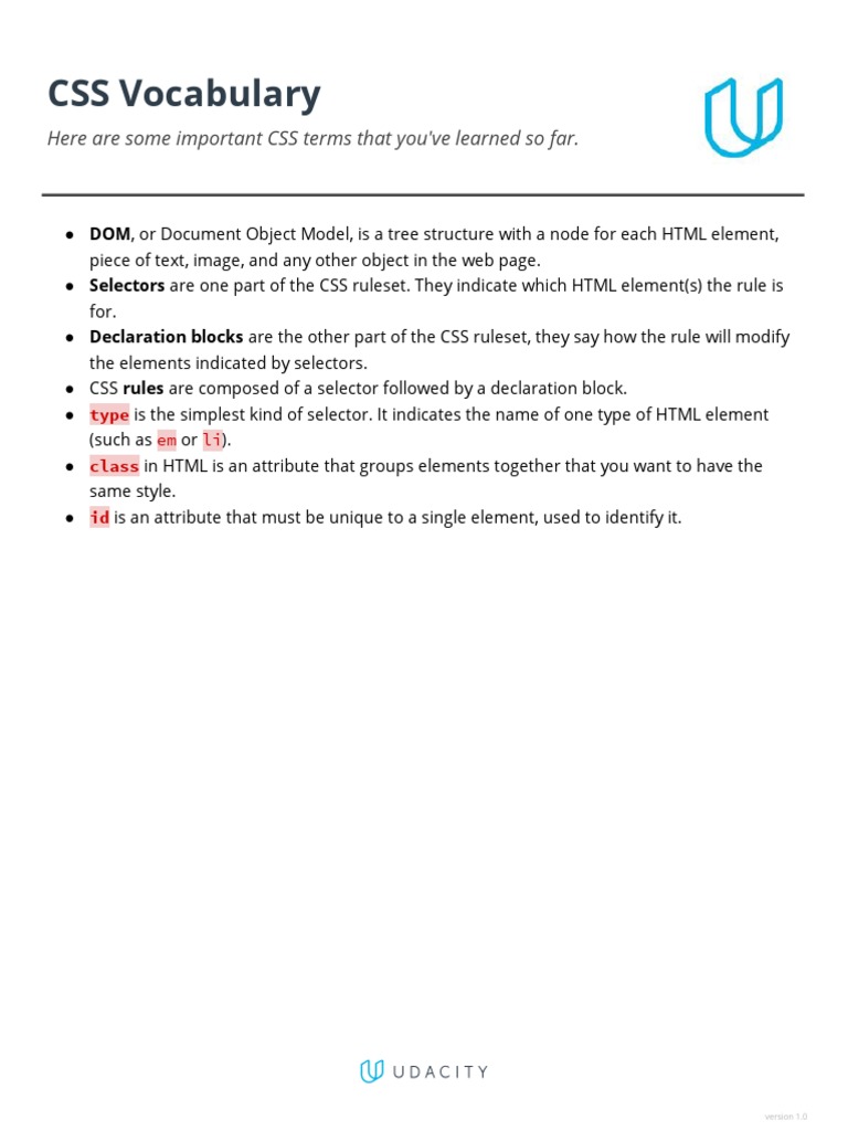 Ipnd Reference Sheet Css Vocabulary PDF | PDF