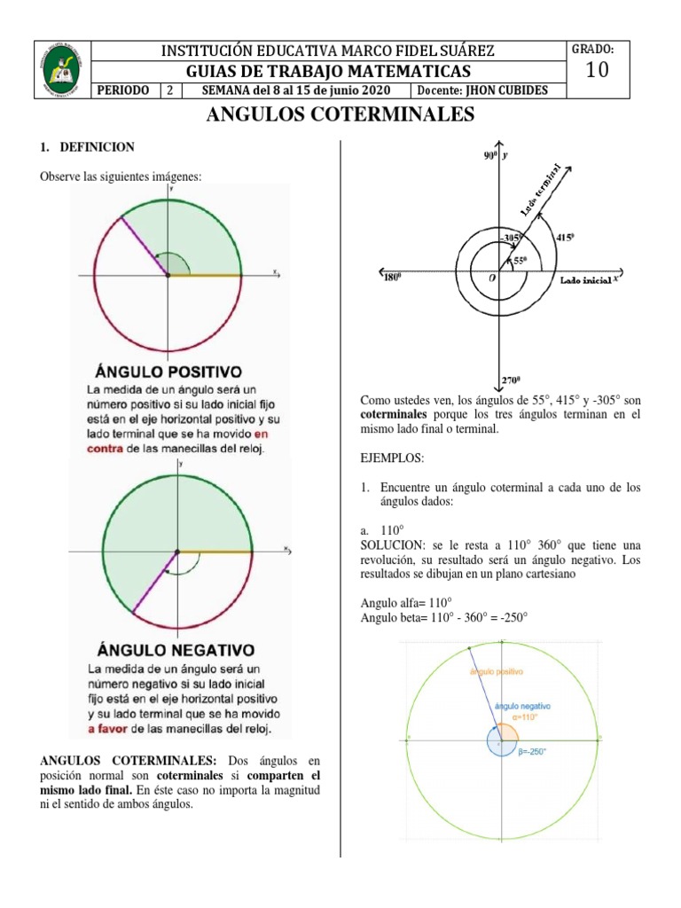 10 - 6 Semana - Angulos Coterminales - Positivos y Negativos | PDF ...