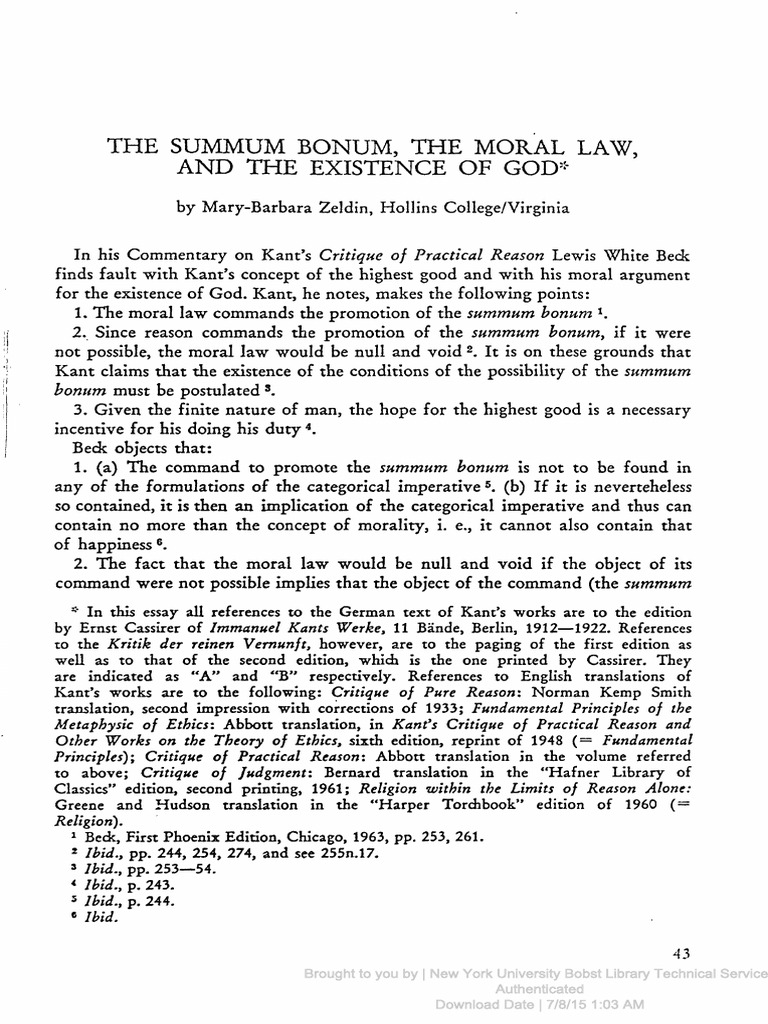 The Summum Bonum, The Moral Law, and The Existence of God : Bonum Must ...