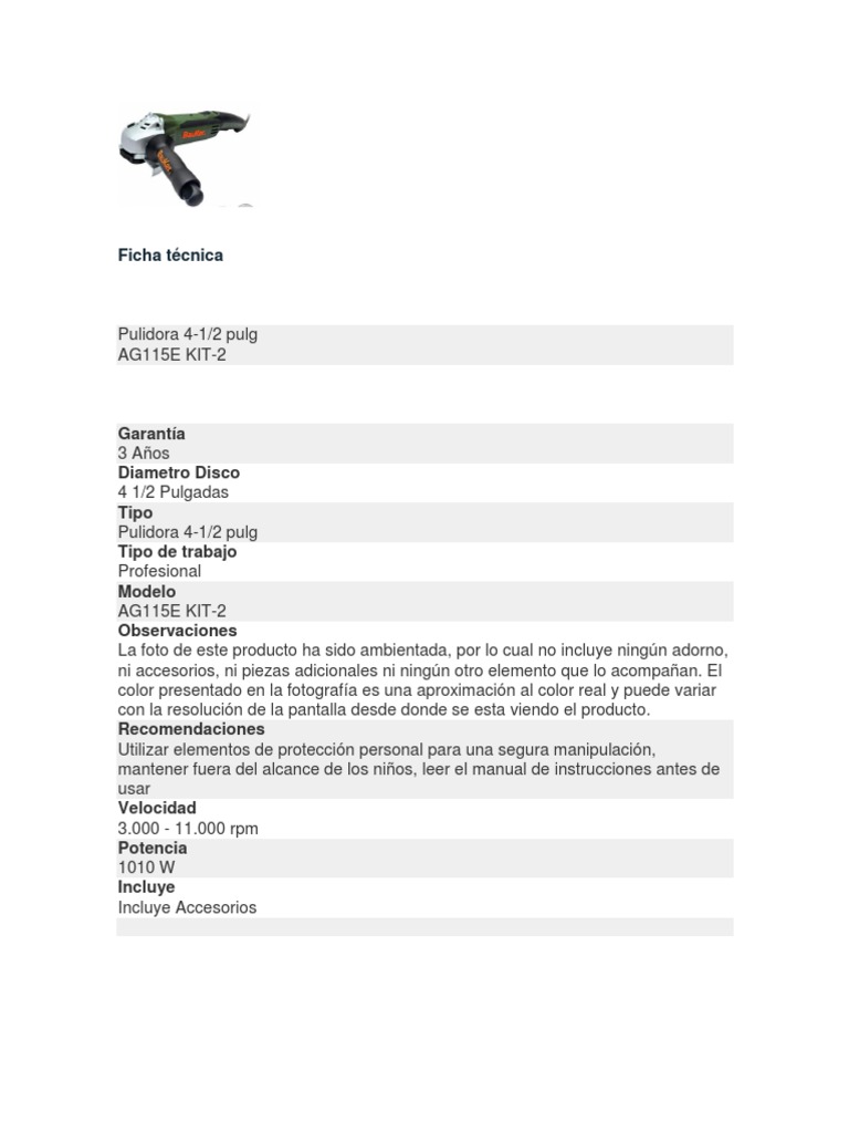 Ficha Tecnica Pulidora Bauker | PDF