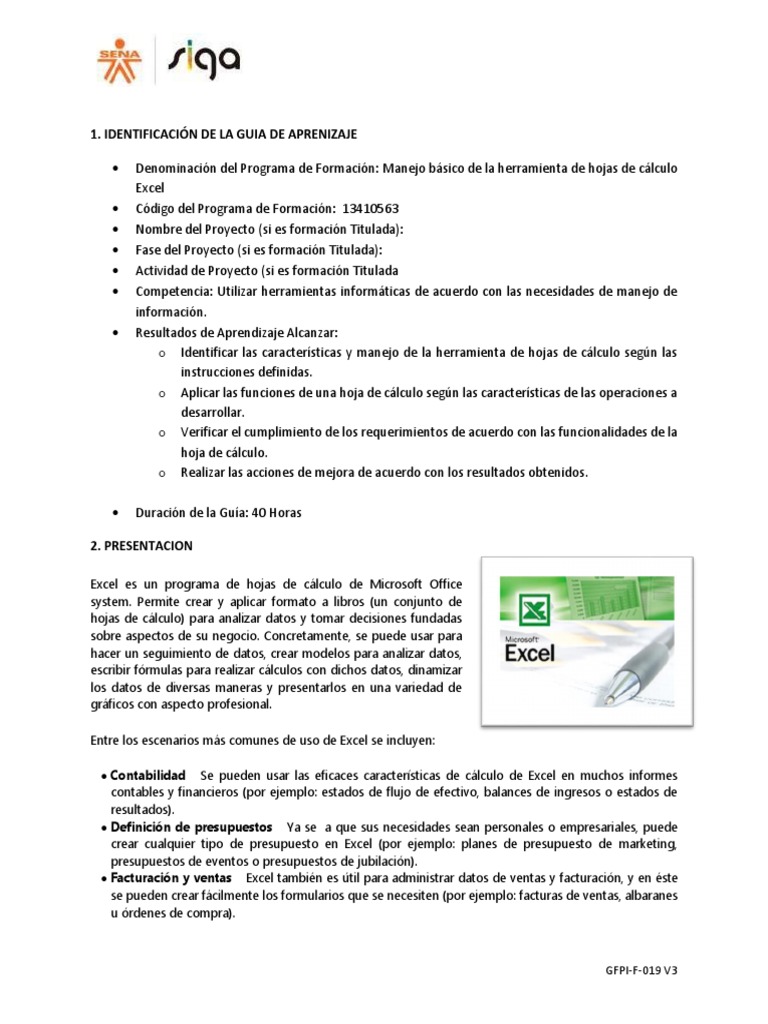 GFPI-F-019 - Formato - Guia - de - Aprendizaje Excel Básico | PDF | Hoja de cálculo | Microsoft ...