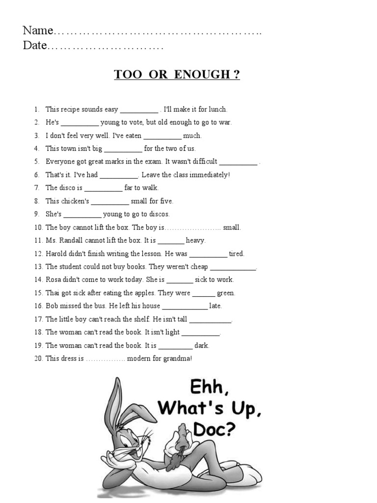Too vs. Enough Worksheet Exercises | PDF