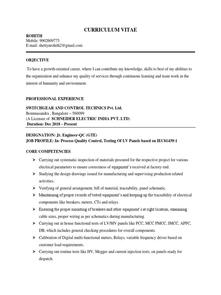 Curriculum Vitae: Rohith | PDF | Programmable Logic Controller | Electricity