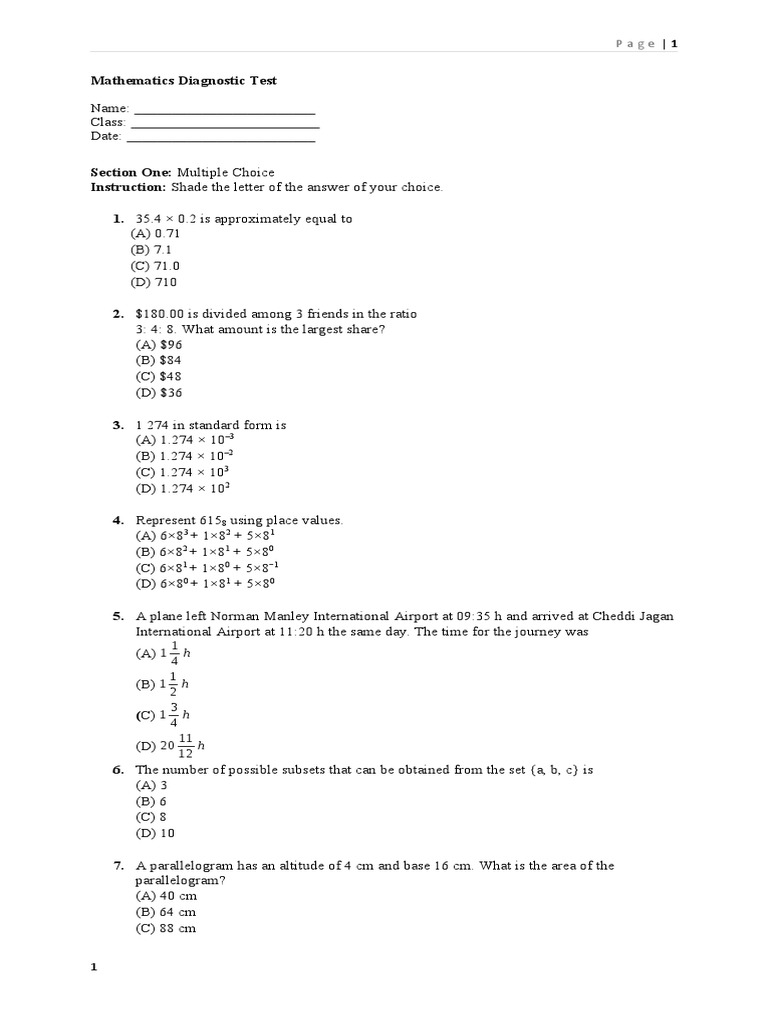 Mathematics Diagnostic Test | PDF | Area | Geometry