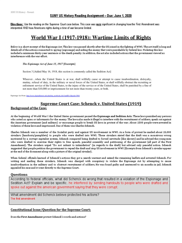 World War I (1917-1918) : Wartime Limits of Rights: Supreme Court Case ...