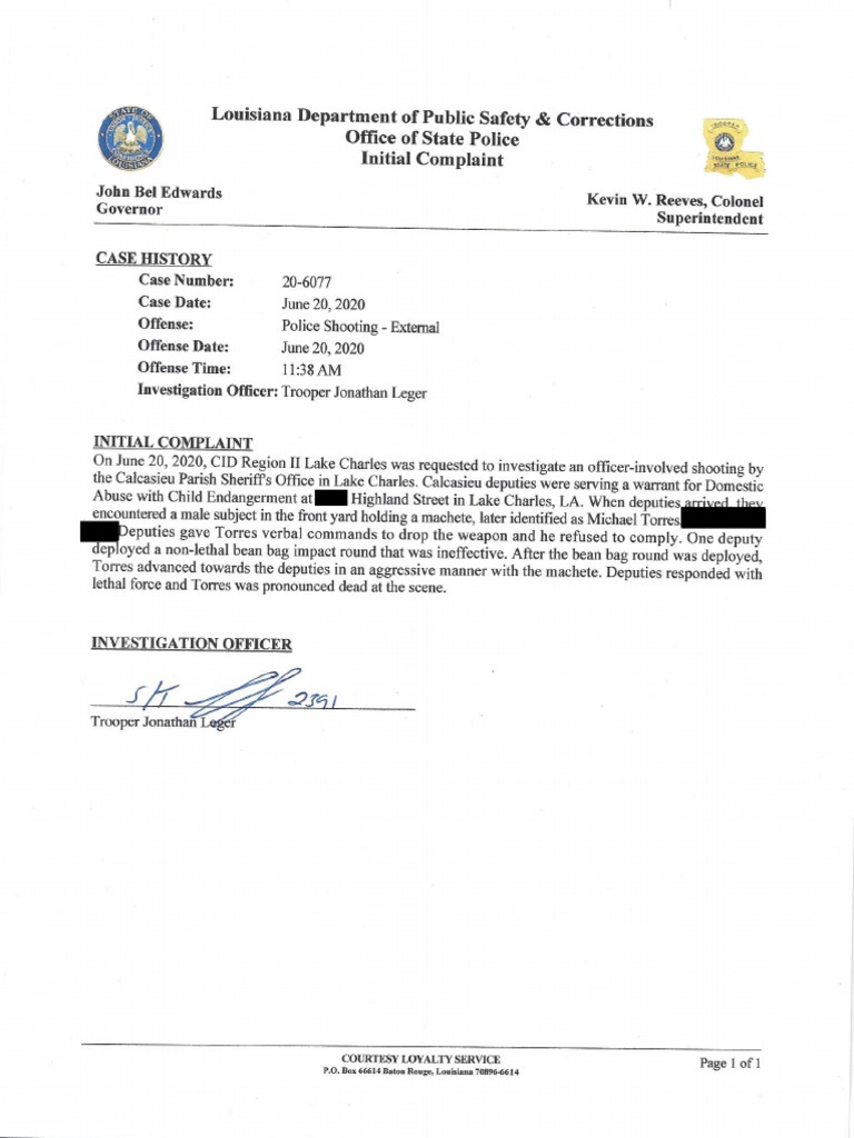 La. State Police - Michael Torres - Initial Report | PDF