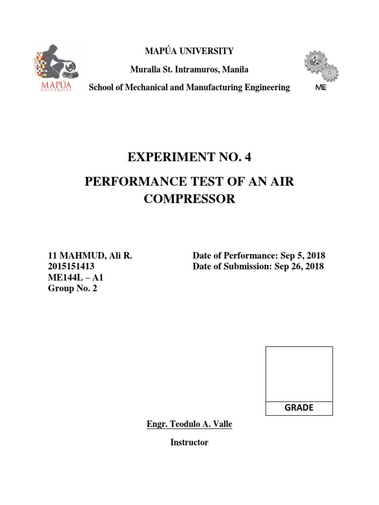 Experiment No. 4 Performance Test of An Air Compressor | PDF | Piston ...