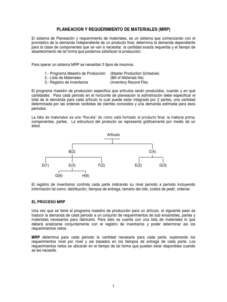 Planeacion Y Requerimiento De Materiales Mrp Pdf Matriz