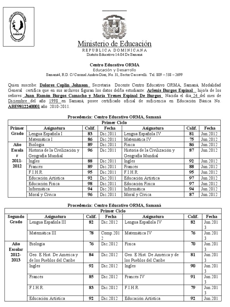 Record y Certificado | PDF | República Dominicana | Educación avanzada