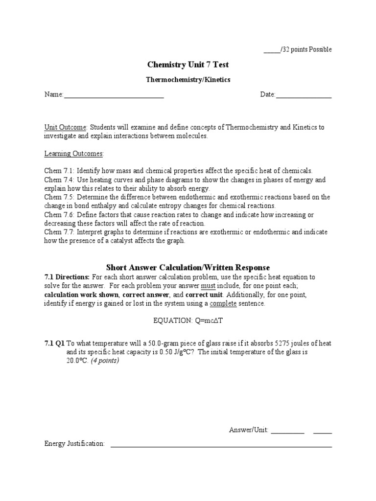 Chemistry Unit 7 Test: - /32 Points Possible | PDF | Chemical Reactions ...