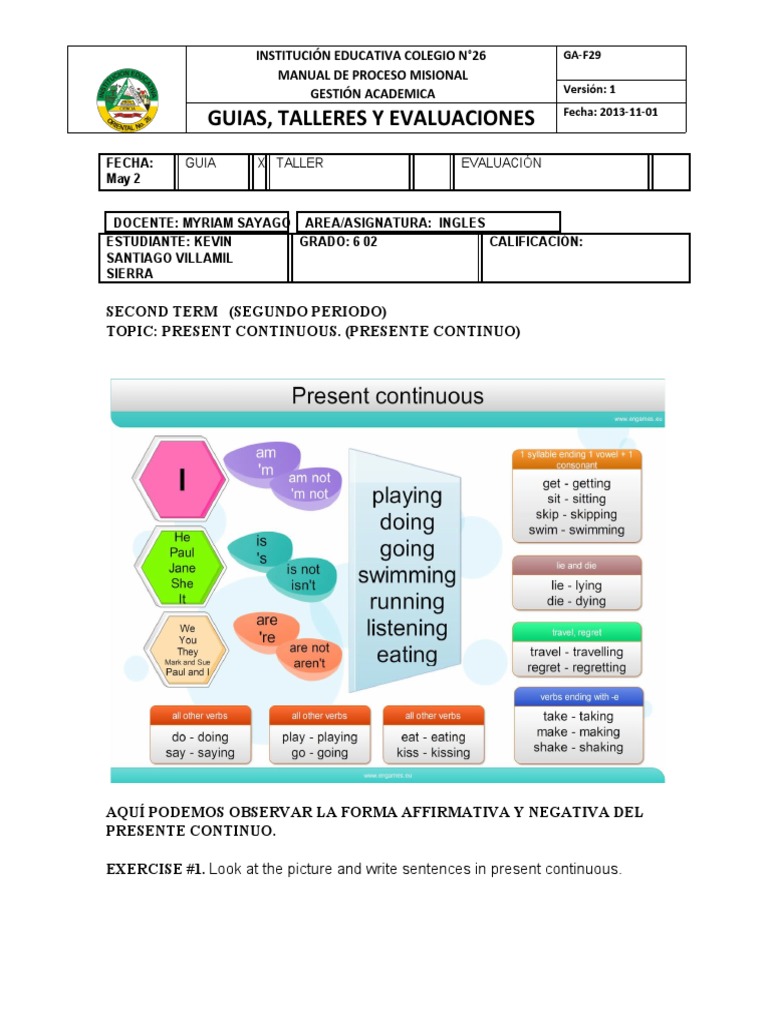 Guias, Talleres Y Evaluaciones: Second Term (Segundo Periodo) Topic: Present Continuous ...
