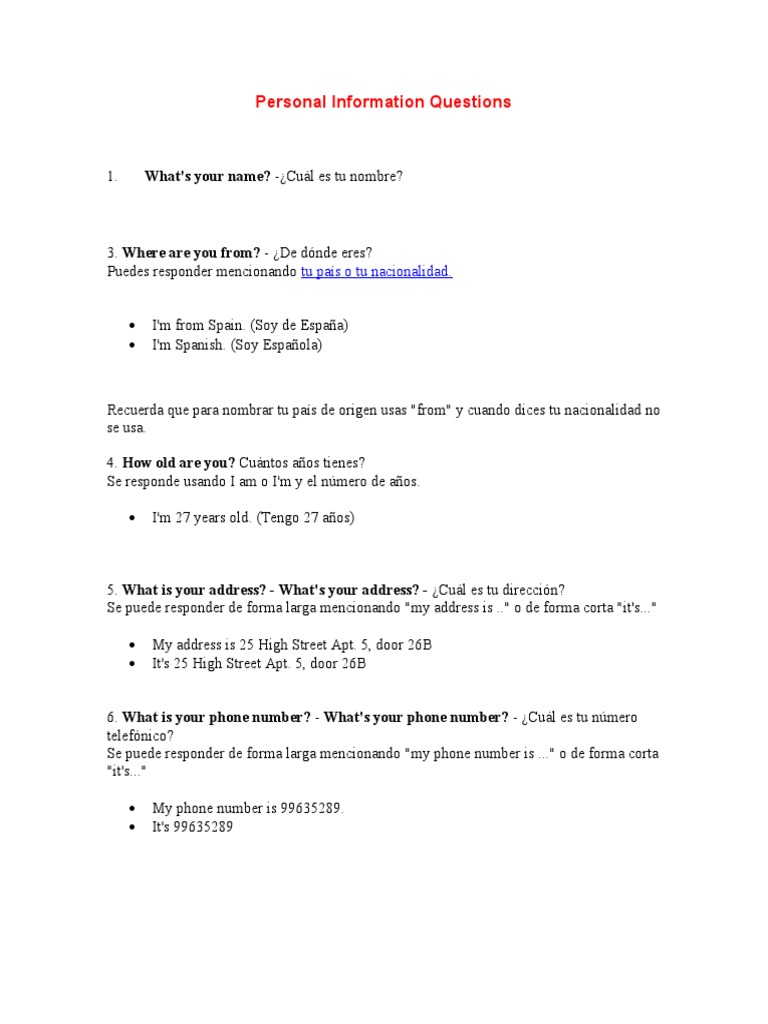 Personal Information Questions | PDF