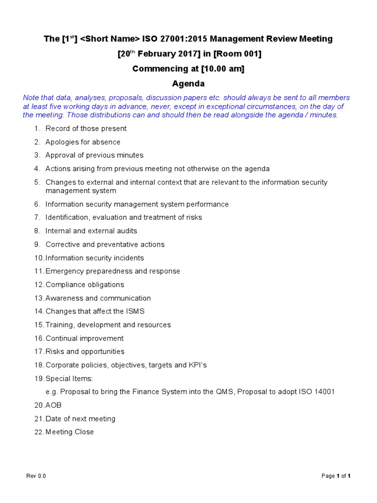 ISMS Management Review Agenda Template | PDF