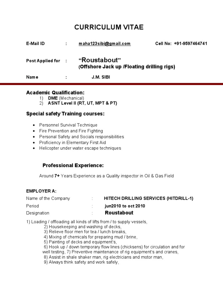 Curriculum Vitae: Roustabout | PDF | Drilling Rig | Welding